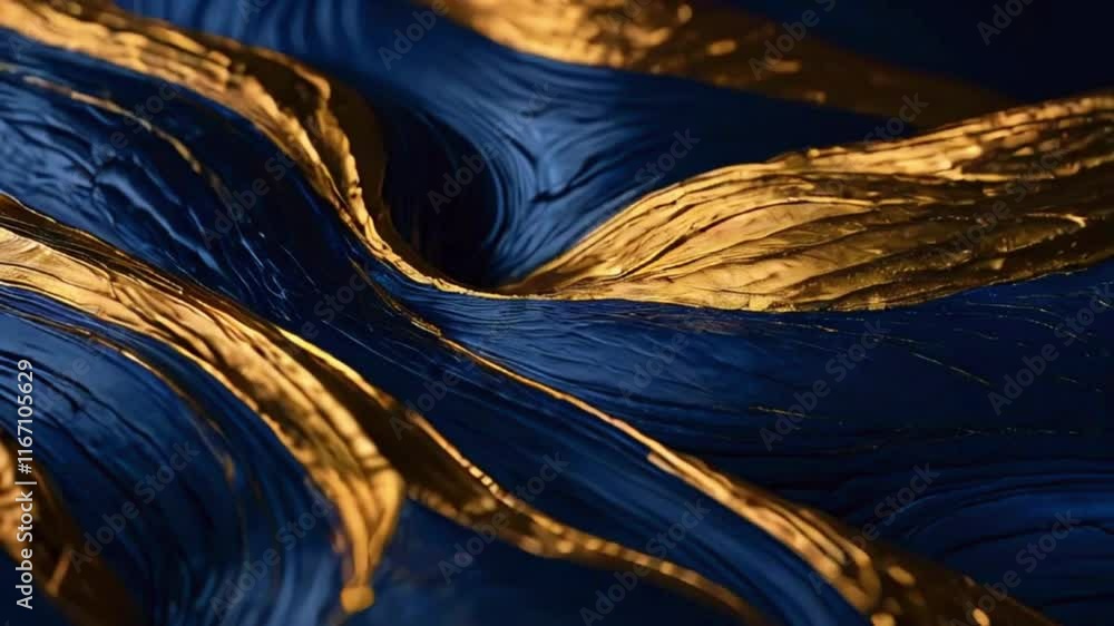 Layers resembling satin fabric in dark blue, with flowing gold accents ...