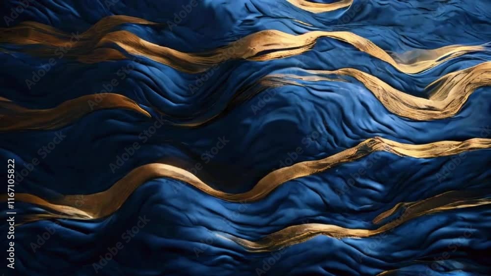 Dark blue waves with a velvet texture, complemented by thin gold lines ...