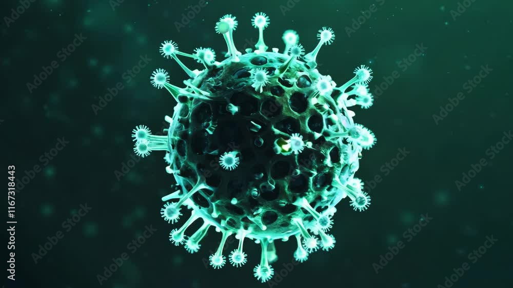 A highly detailed 3D rendering of a virus particle, depicting its ...