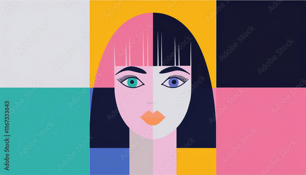 illustration of a female face with bold geometric shapes, vivid colors ...