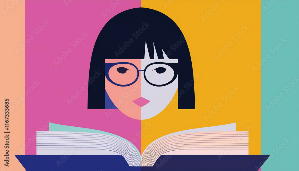 illustration of a female face with bold geometric shapes, vivid colors ...