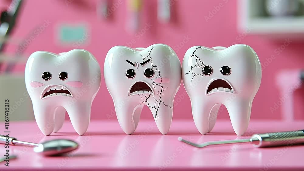 Three distressed cartoon teeth, each showing visible cracks; one has a ...