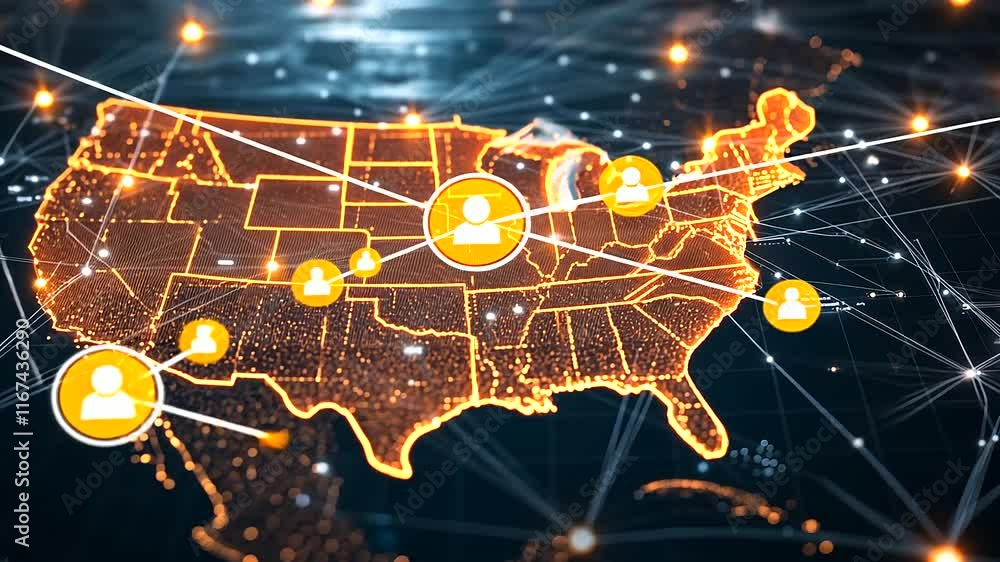 A detailed map of the USA at night, glowing lights concentrated around ...