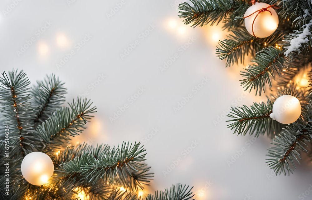 White Christmas Background with Spruce Frosty Brunches and Christmas ...