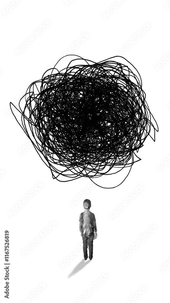 Contemporary artwork. Little girl, child feeling scared, hiding from ...