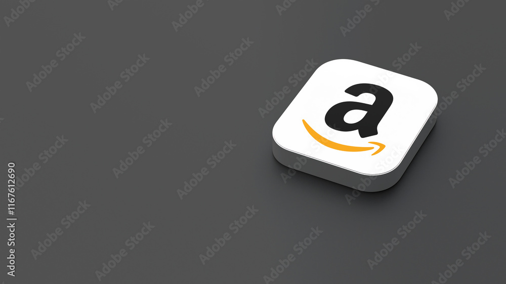 3D-rendered icon of the Amazon app logo, featuring a sleek ...