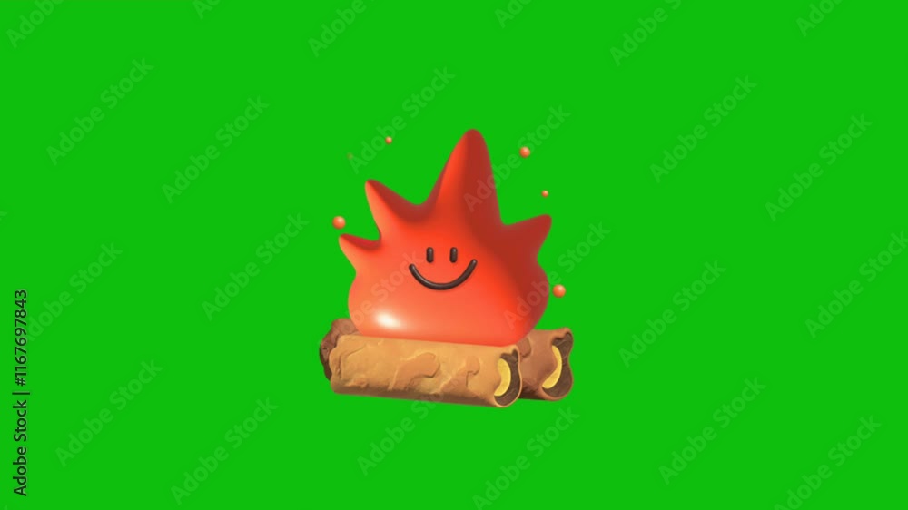 A 3D emoji fire animation on a green screen background, featuring a ...