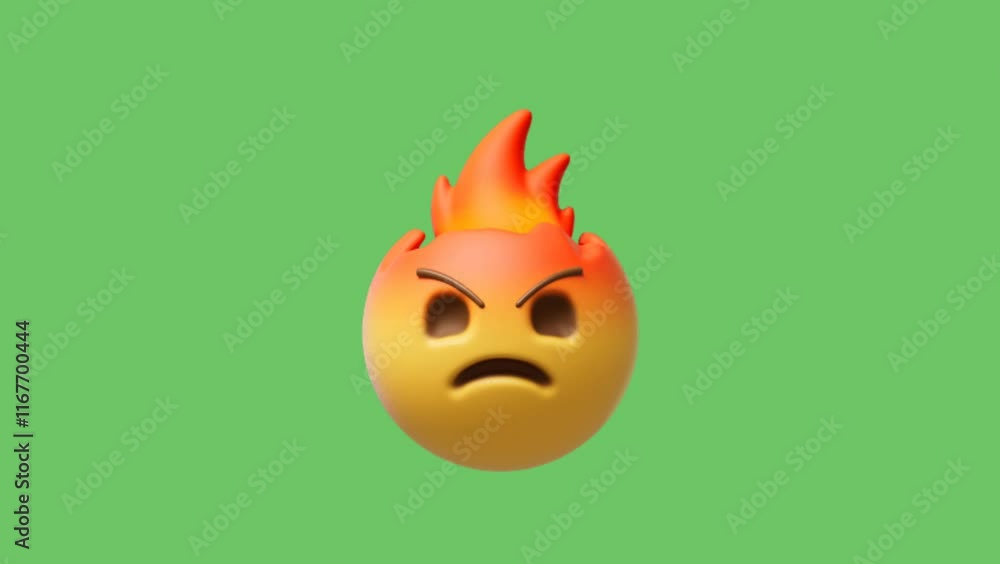A 3D angry fire emoji animation on a green screen background, featuring ...