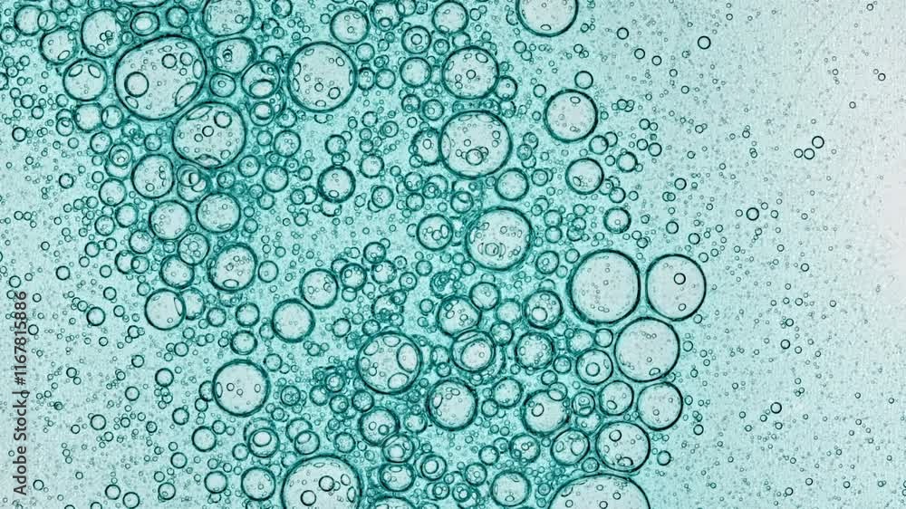 Transparent Bubble cluster, cells under a microscope. Cosmetic gel ...