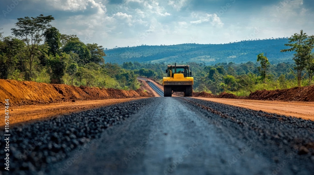 Road construction site with paving machine. Freshly paved road with a ...
