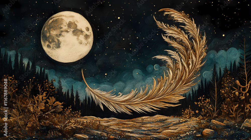 Photo & Art Print Golden quill, hauntingly beautiful moonlit night, Thiago