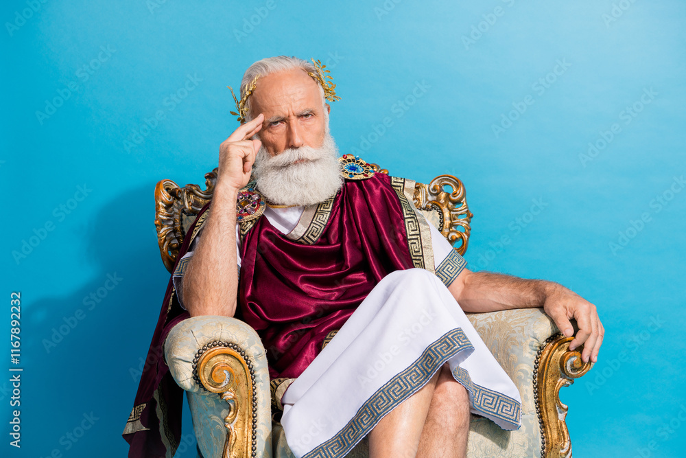 Poster Photo of wise ancient roman warlord wear toga costume sit throne ...