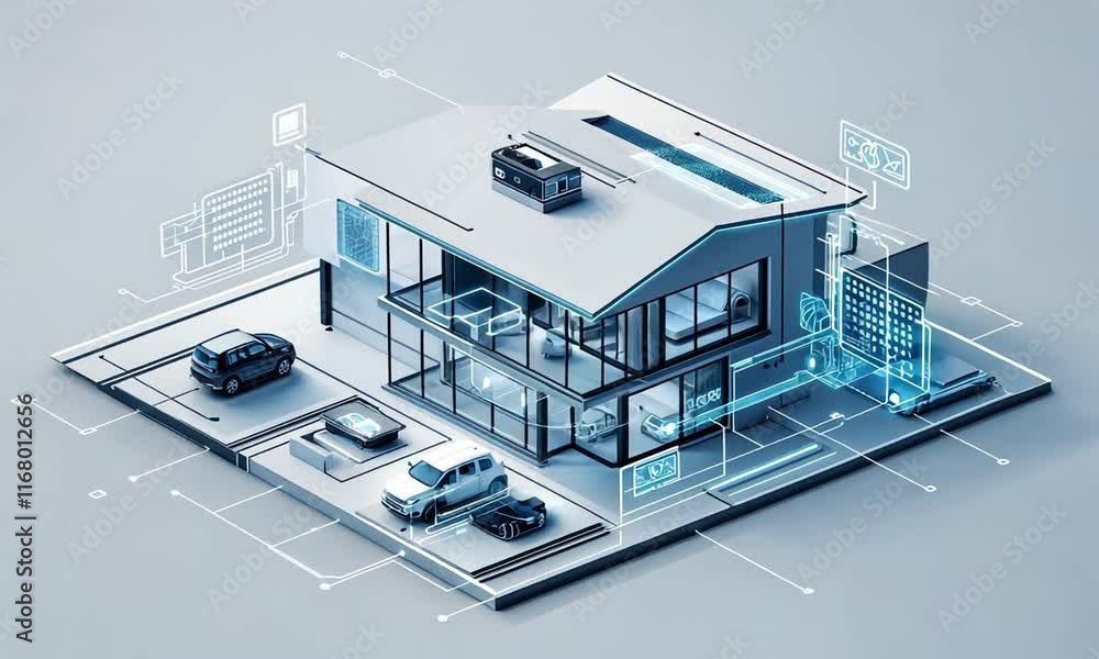 Smart home with connected car parking. Exterior model of a modern ...