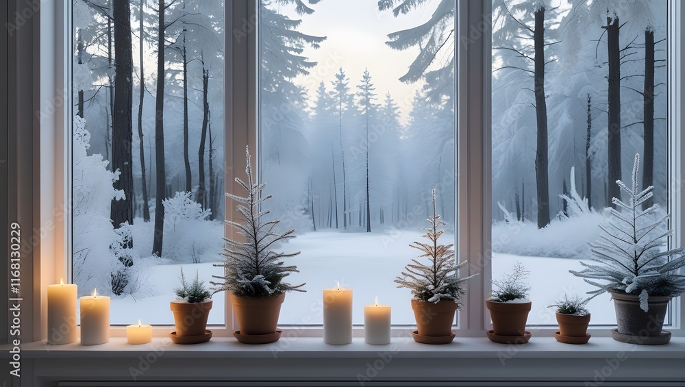 Cozy Winter Wonderland: Frosty Forest View with Candles and Mini Pine ...