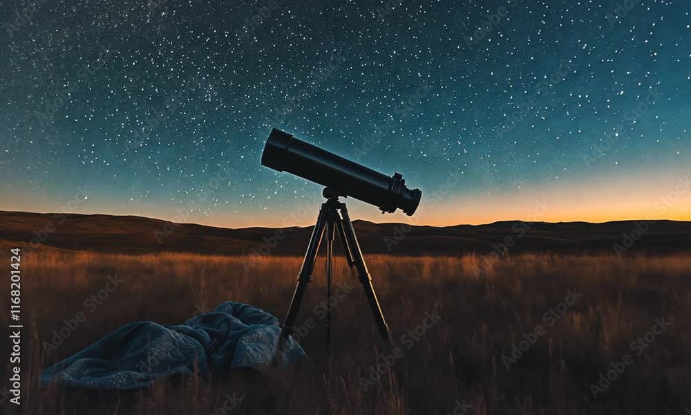 A telescope set up in a field under a starry night sky, inviting ...