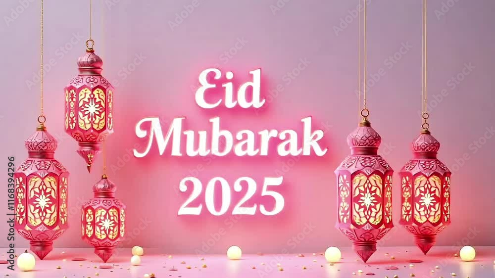 3D Eid Mubarak 2025 illustration with pink lanterns, eid al adha, eid ...