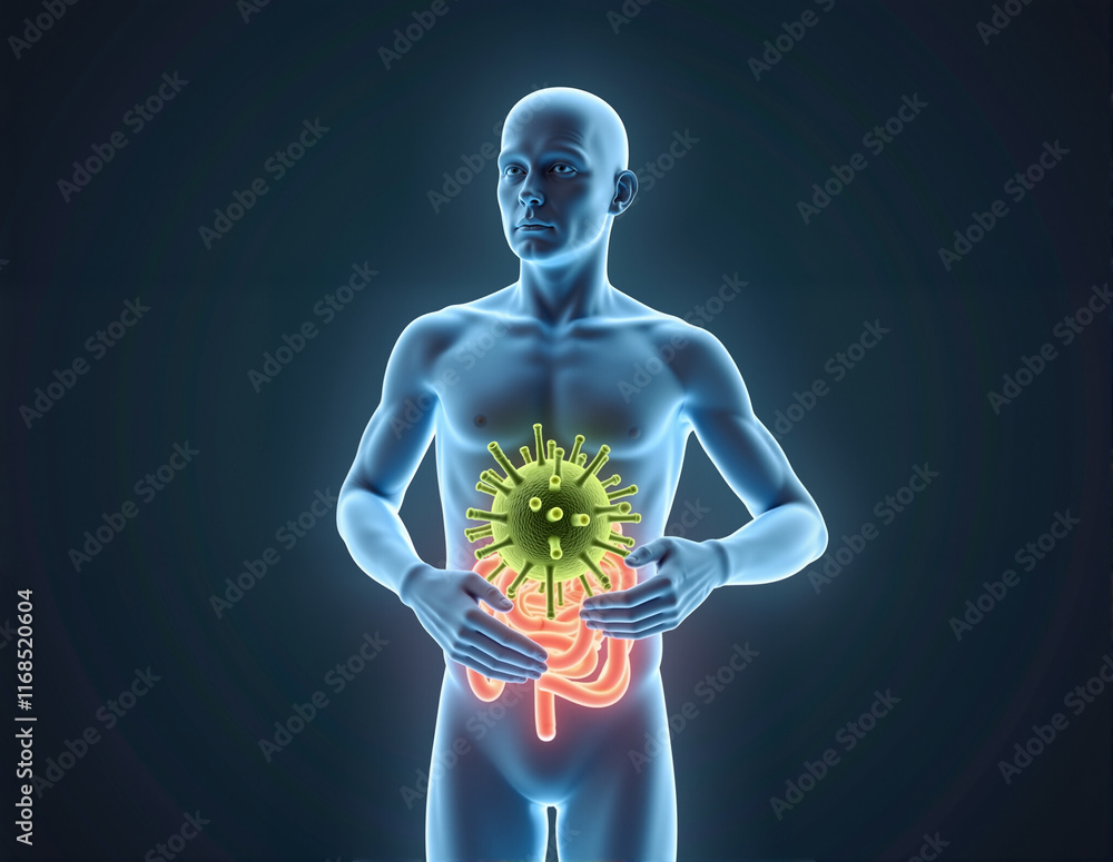 An X-ray image visualizing bacteria within the intestines, with blue ...