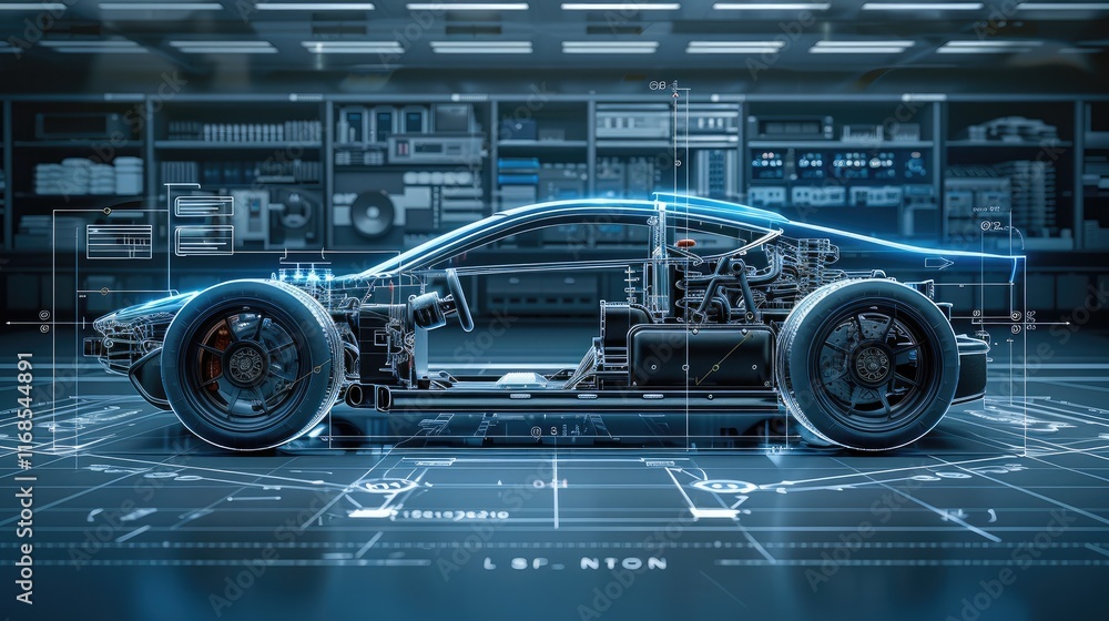 Poster The electric vehicle chassis is depicted in a technical ...