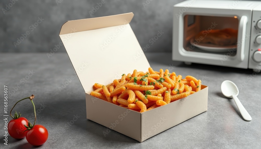 Mockup Frozen Meal Box on white background with microwave and spoon ...