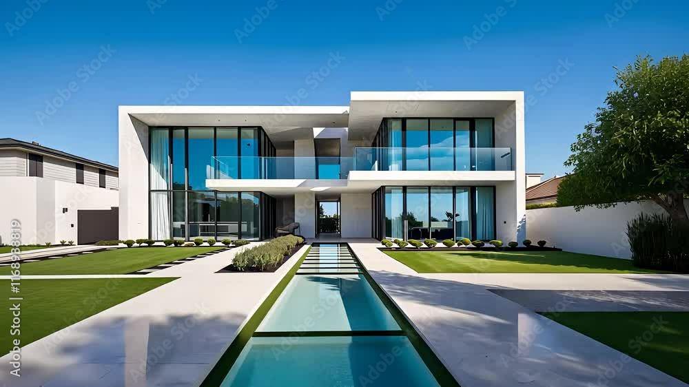 Modern Luxury Mansion with Glass Facade, Symmetrical Architecture, and ...