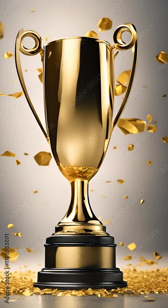 Gold champion trophy Golden trophy with falling golden confetti Victory ...