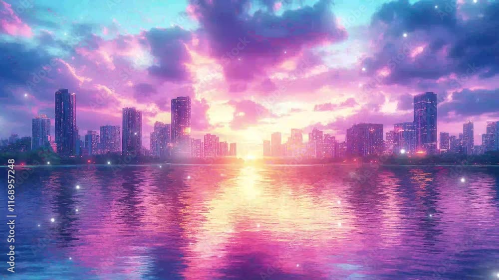 Illuminated skyline glows with sunset hues, casting reflections on ...