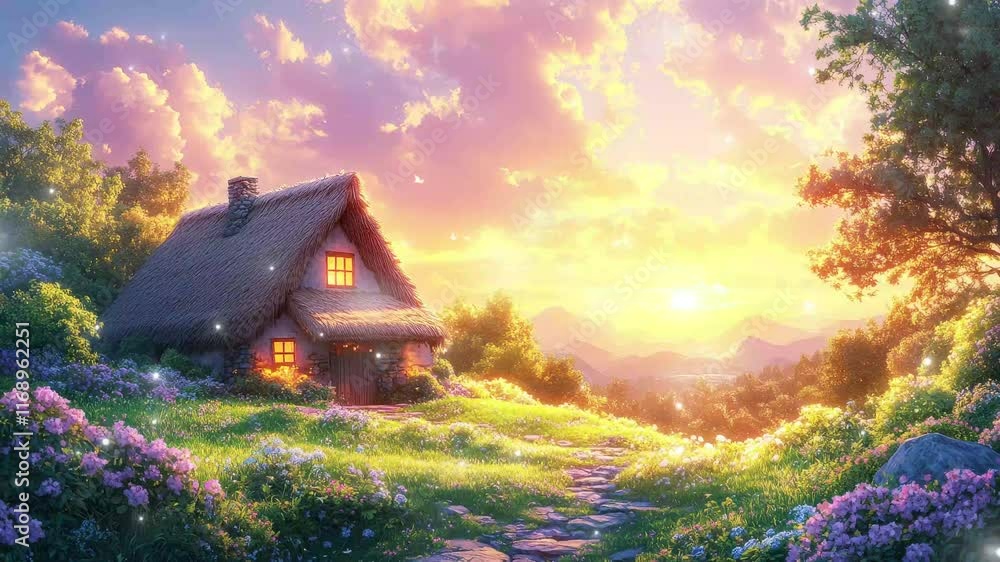 A serene cottage surrounded by blooming flowers enjoys a breathtaking sunset. glitch stream ...