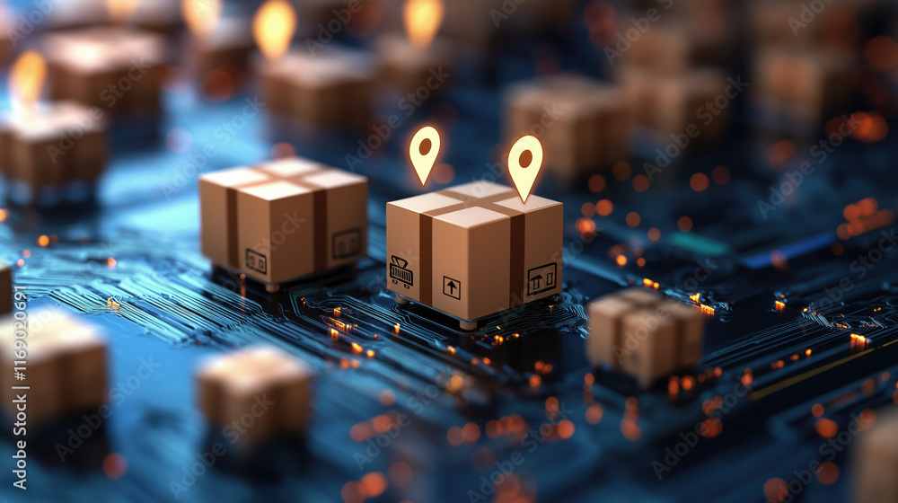 A digital representation of packages with location pins on a circuit ...