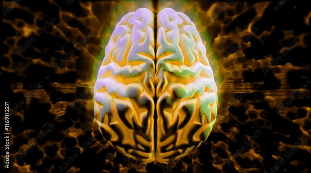 Rotating 360 degree hologram of human brain. Glowing blue light ...