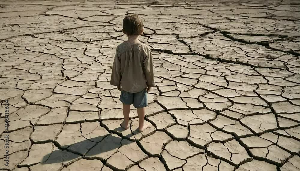 Solitary child on the parched land. Back view. Generative AI Stock ...