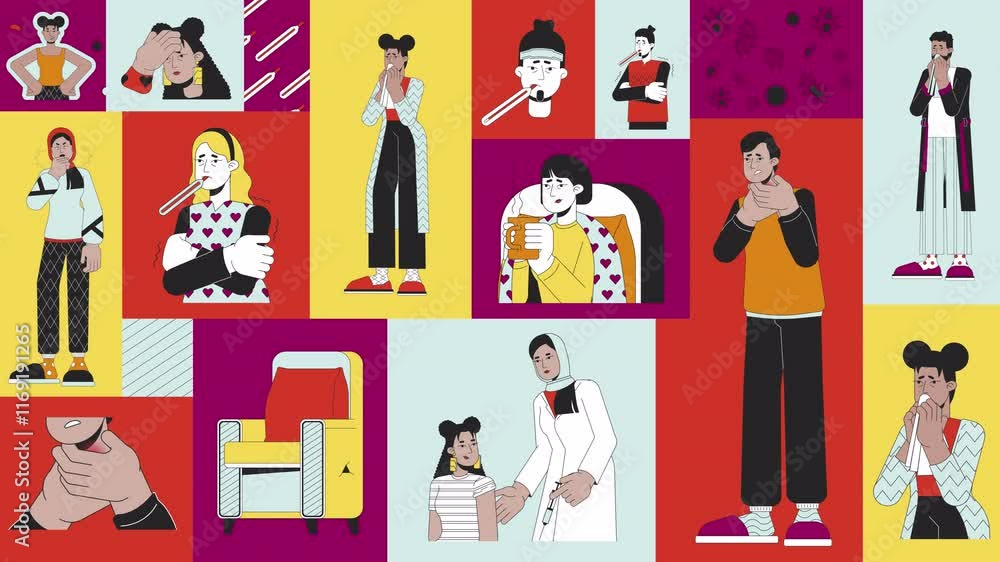 Illnesses seasonal animated bento grid layout. Winter sickness symptoms ...