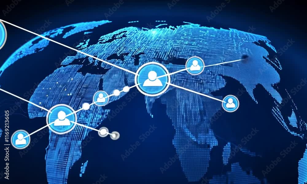 A digital representation of the world map with glowing connections and ...