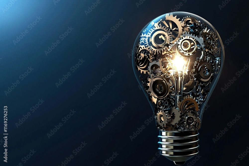 A conceptual image of a lightbulb made up of interconnected gears and ...