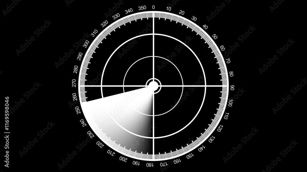 Radar screen animation on black background. Signal transmitted sonar ...