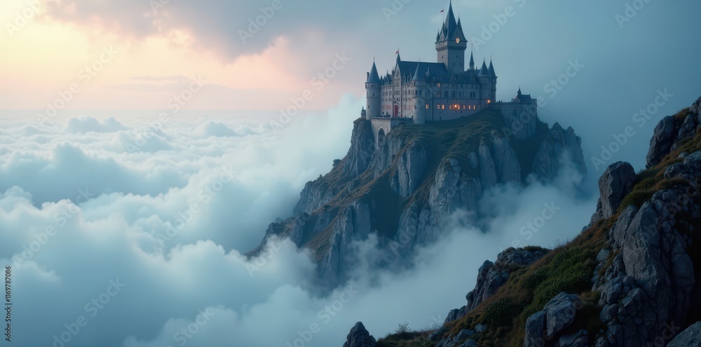 Jagged cliffs embrace a brooding castle, swirling fog , architecture ...