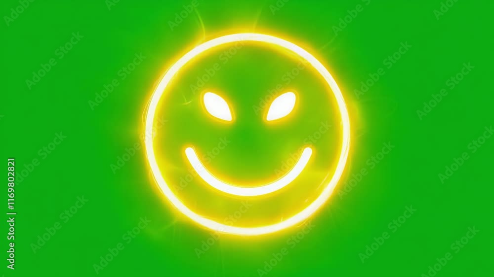 Neon yellow smiley face radiates joy illuminated on the green canvas ...