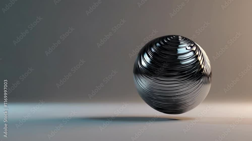 Floating metallic 3D sphere with reflective and grooved textures on a minimalist background ...