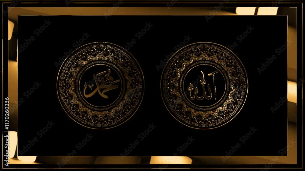 golden frame Allah Muhammad name in Arabic calligraphy green screen ...
