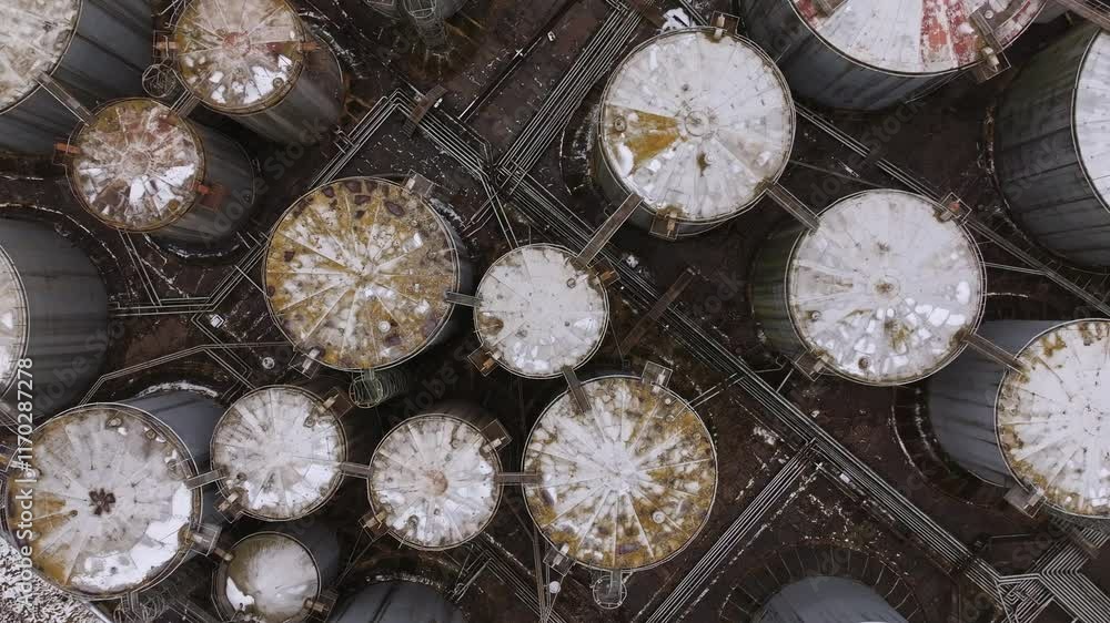 Industrial storage tanks with upward drone motion and rotation, slow ...