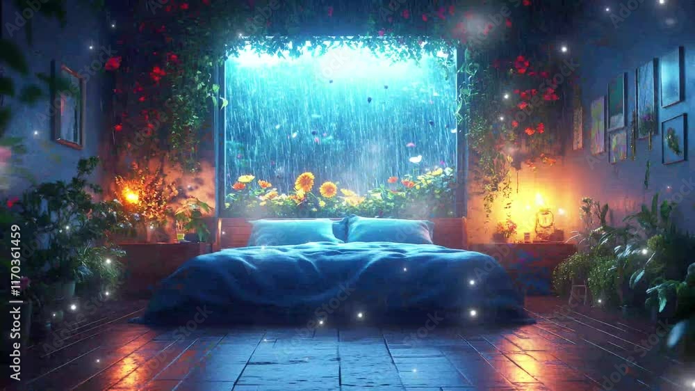 Relaxing space with plants, soft light, and soothing rain sounds ...