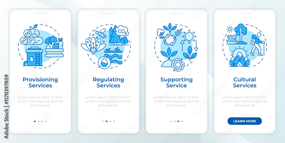 Ecosystem services blue onboarding mobile app screen. Walkthrough 4 ...