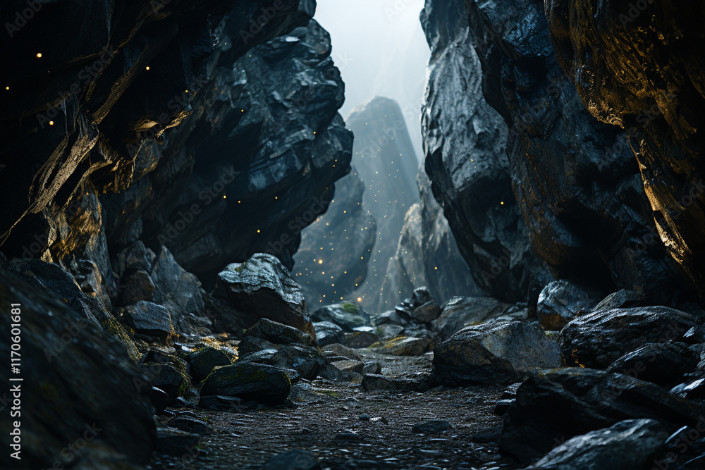 Enchanting Cave Pathway: Mysterious Rocks and Glimmering Lights Leading ...
