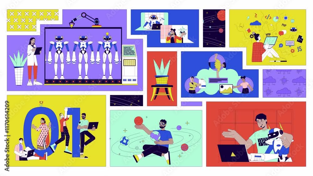 Software developers animated bento grid layout. Robotics manufacturing ...