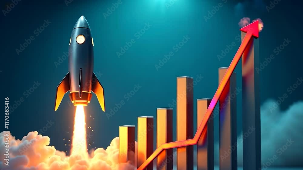 Rocket launching with a rising graph indicating growth and success ...