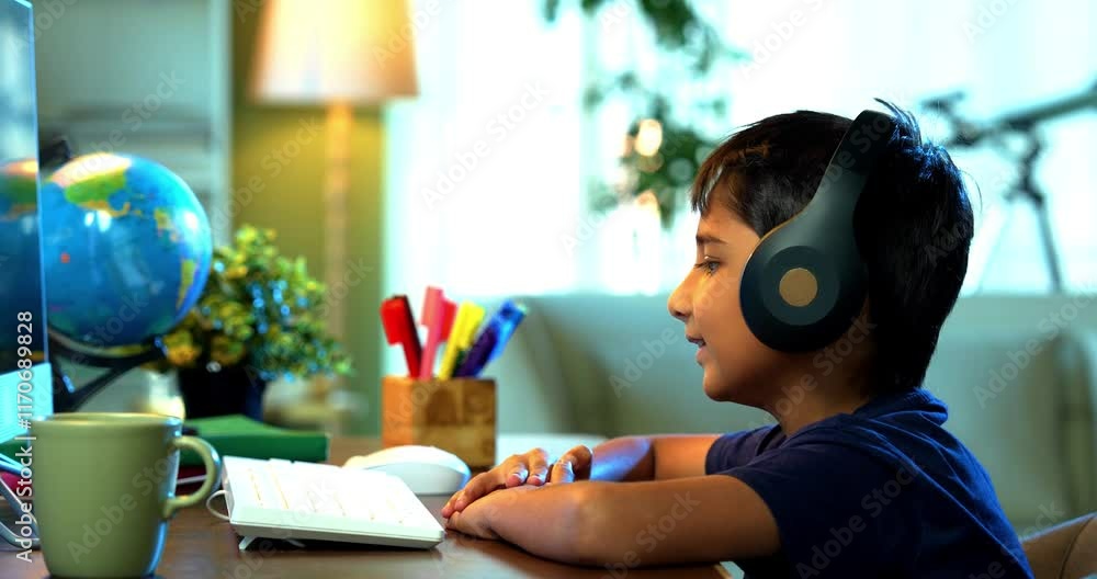 Studious Indian Asian Boy Attending Online Class at Home Using Computer ...
