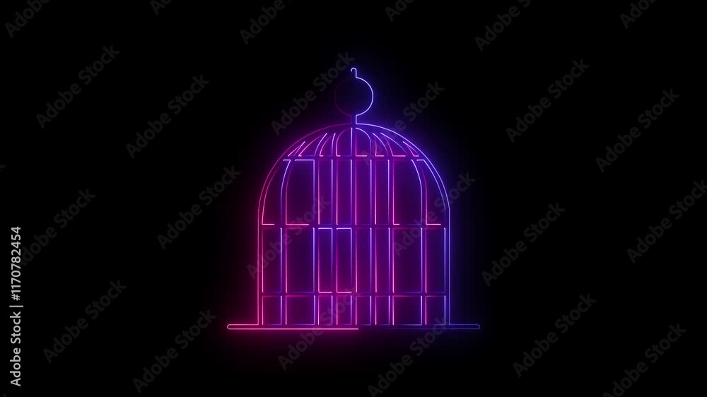 glowing neon cage icon animation on black background. 4k motion graphic ...