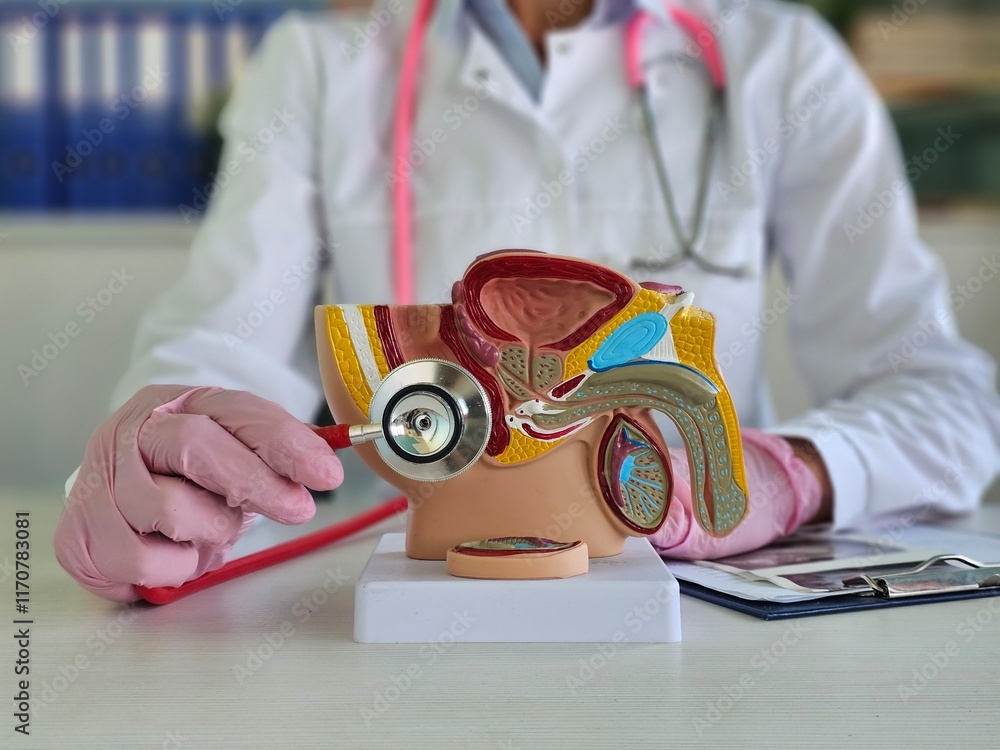 Poster Medical professional examines anatomical model of male ...