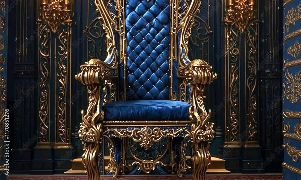 A grand throne sits majestically in a dimly lit chamber, adorned with ...