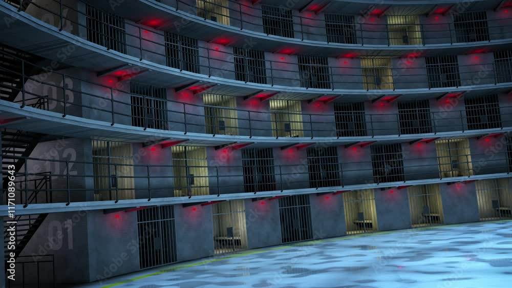 Panopticom prison animation. Camera animation inside round empty prison ...
