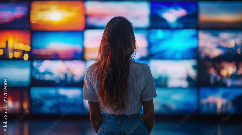 Poster The image portrays a woman gazing at a spectrum of bright ...